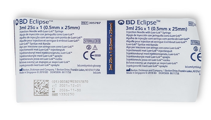BD Eclipse™ Needle 25 G x 1 in. with detachable 3 mL BD Luer-Lok ...